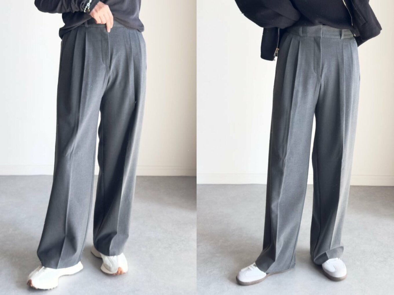 [写真](1ページ目)GU「タックワイドパンツ」で“ヒールなし”でもスタイルアップ。158cm・40代の春コーデ | ESSEonline（エッセ オンライン）