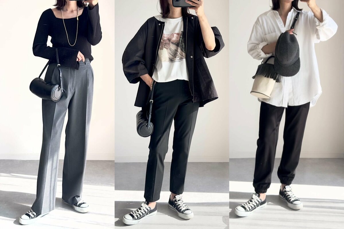 コンバースの黒スニーカーで、40代以上向け「あか抜けコーデ」。失敗しない3例 | ESSEonline（エッセ オンライン）