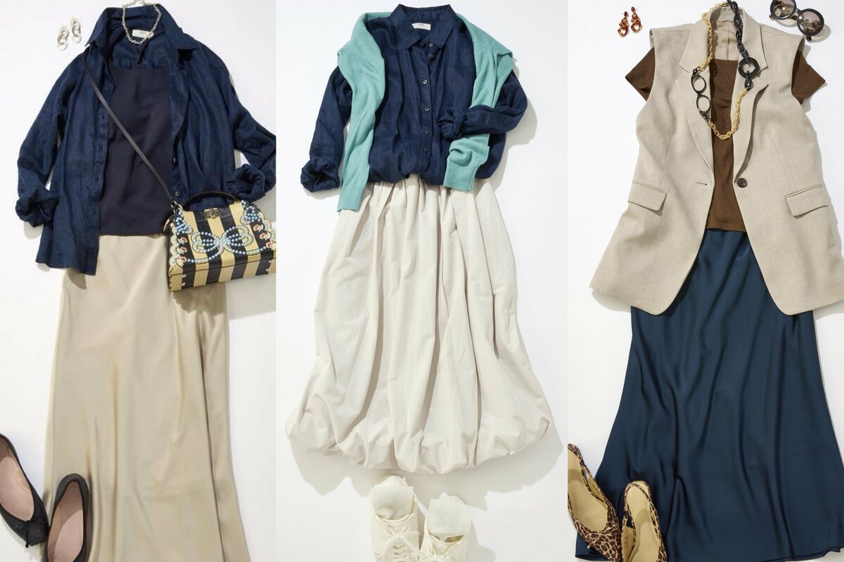 ユニクロ・GUの「スカートが上品」になる着方。サテン×リネンシャツでこなれ感が出る | ESSEonline（エッセ オンライン）